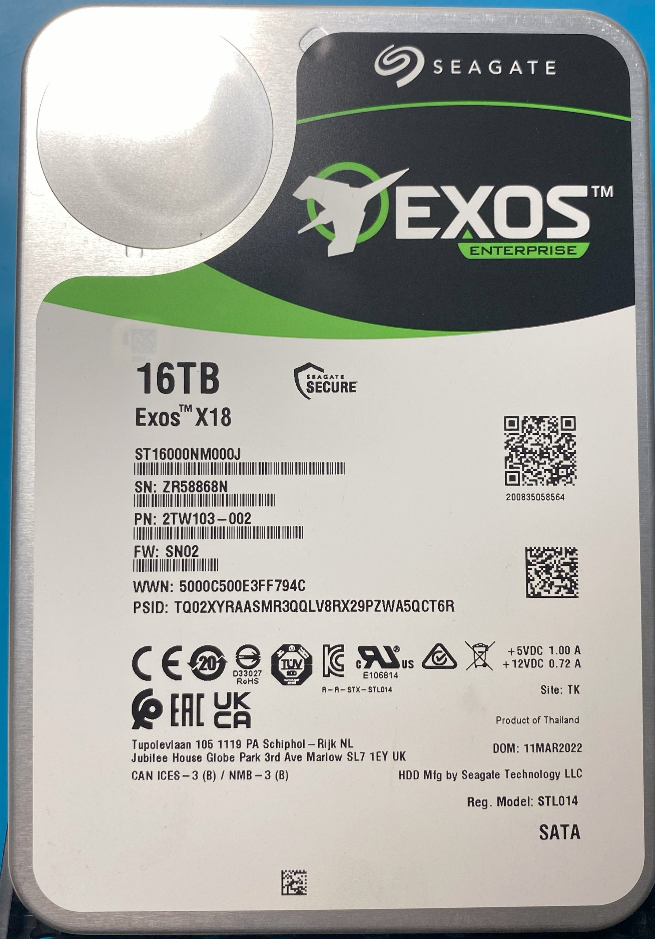 Seagate企業級 氦氣碟 EXOS X18 16TB 3.5吋（二手良品）台灣公司貨